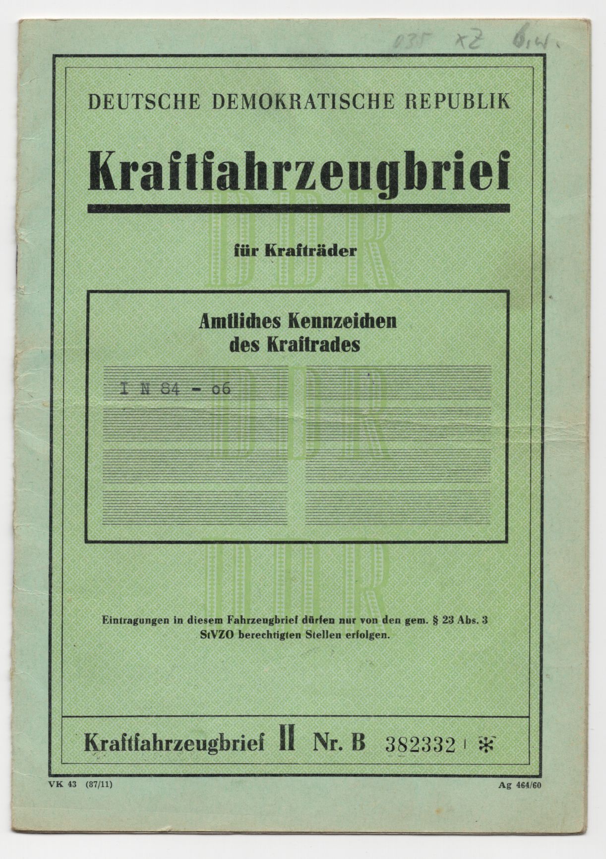 Kraftfahrzeugbrief SR59 Berlin Baujahr 1961 Berliner Roller Kfz Brief ...