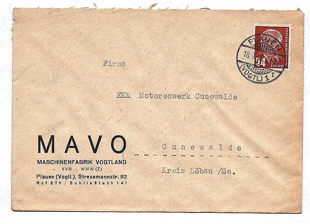 Briefkuvert DDR 1952 MAVO Maschinenfabrik Vogtland | 14459