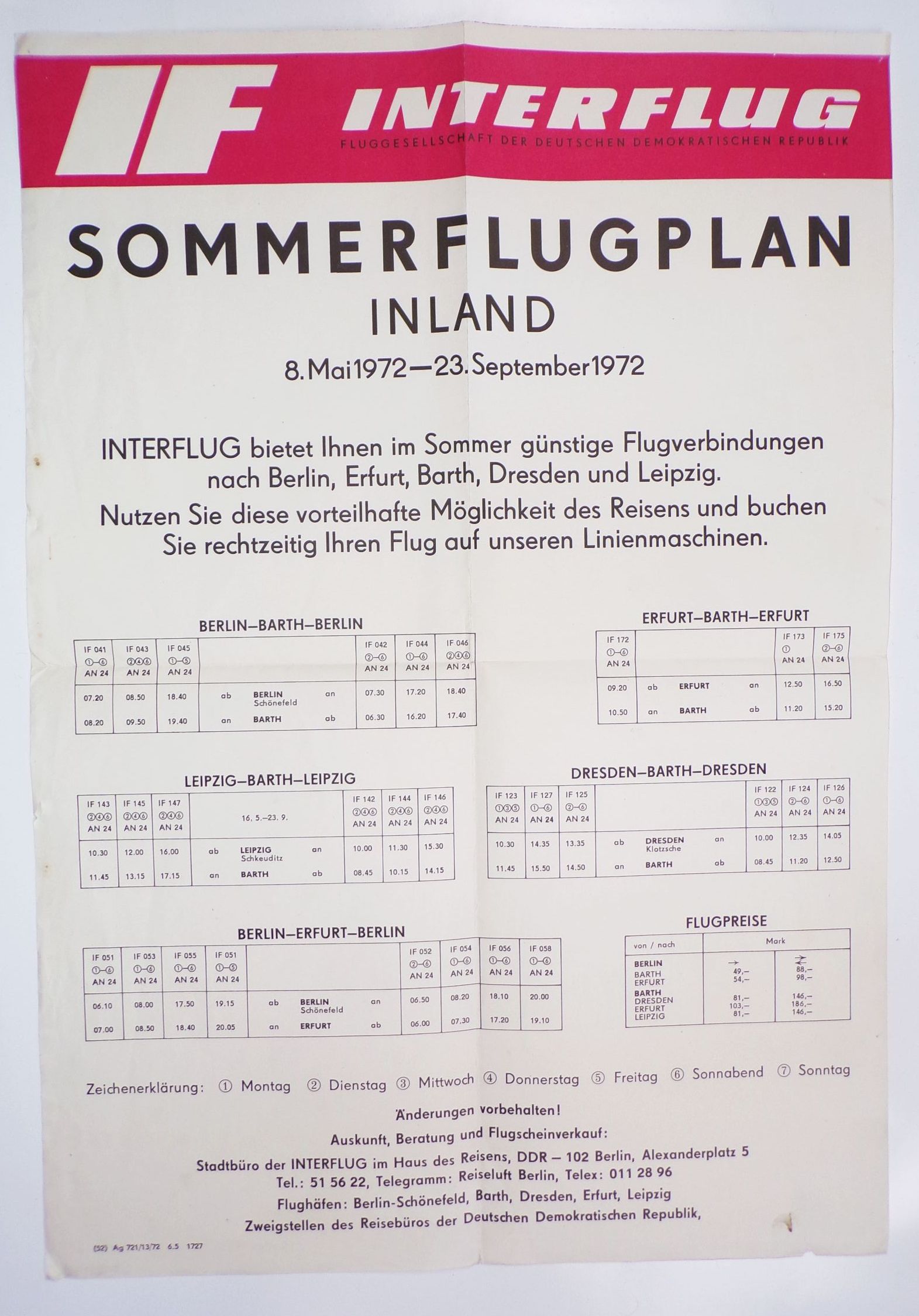 DDR Plakat Interflug Sommerplan 1972 Flugplan | 18947