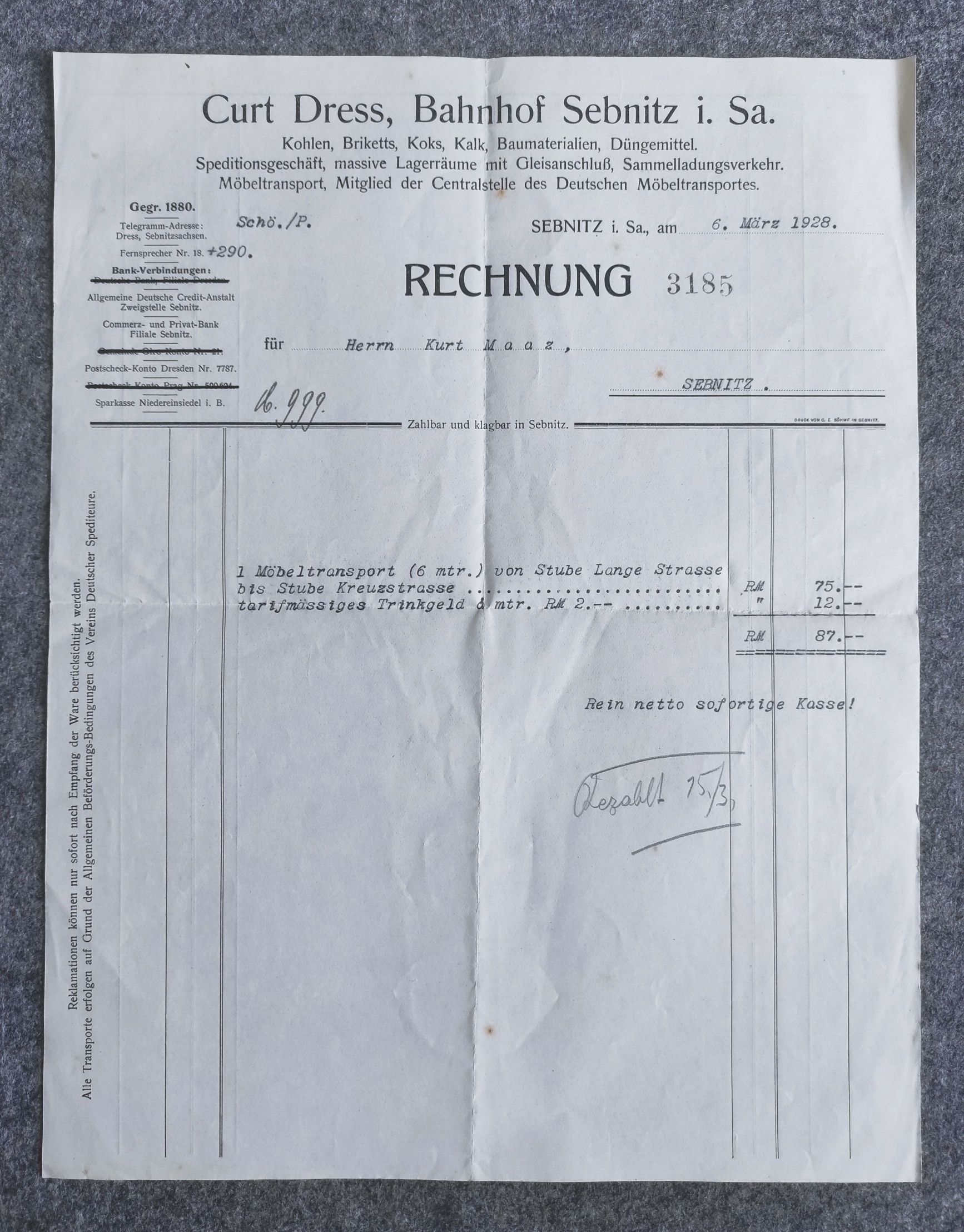 Curt Dress Bahnhof Sebnitz Rechnung 1928 | 21303