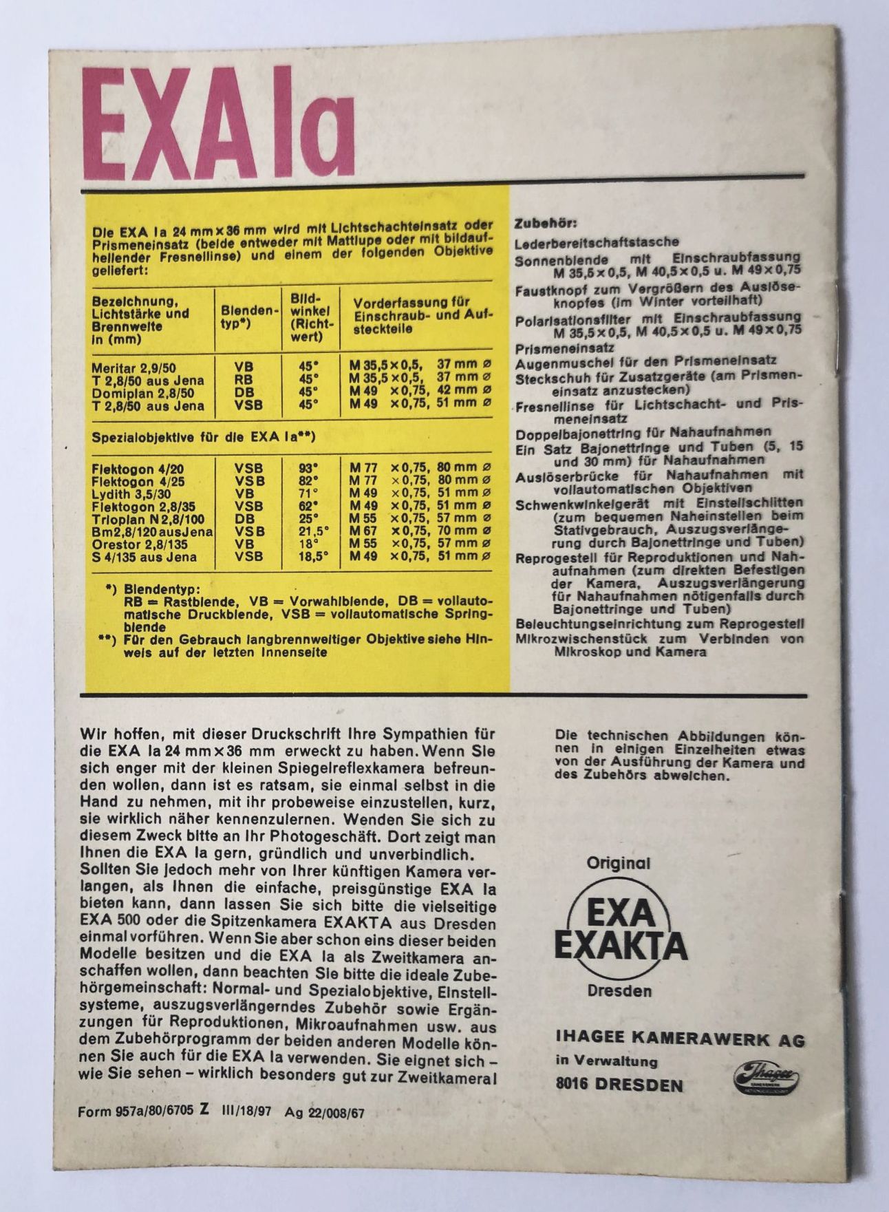 Prospekt EXA la Kamera Fotoapparat DDR 1967 | 17510