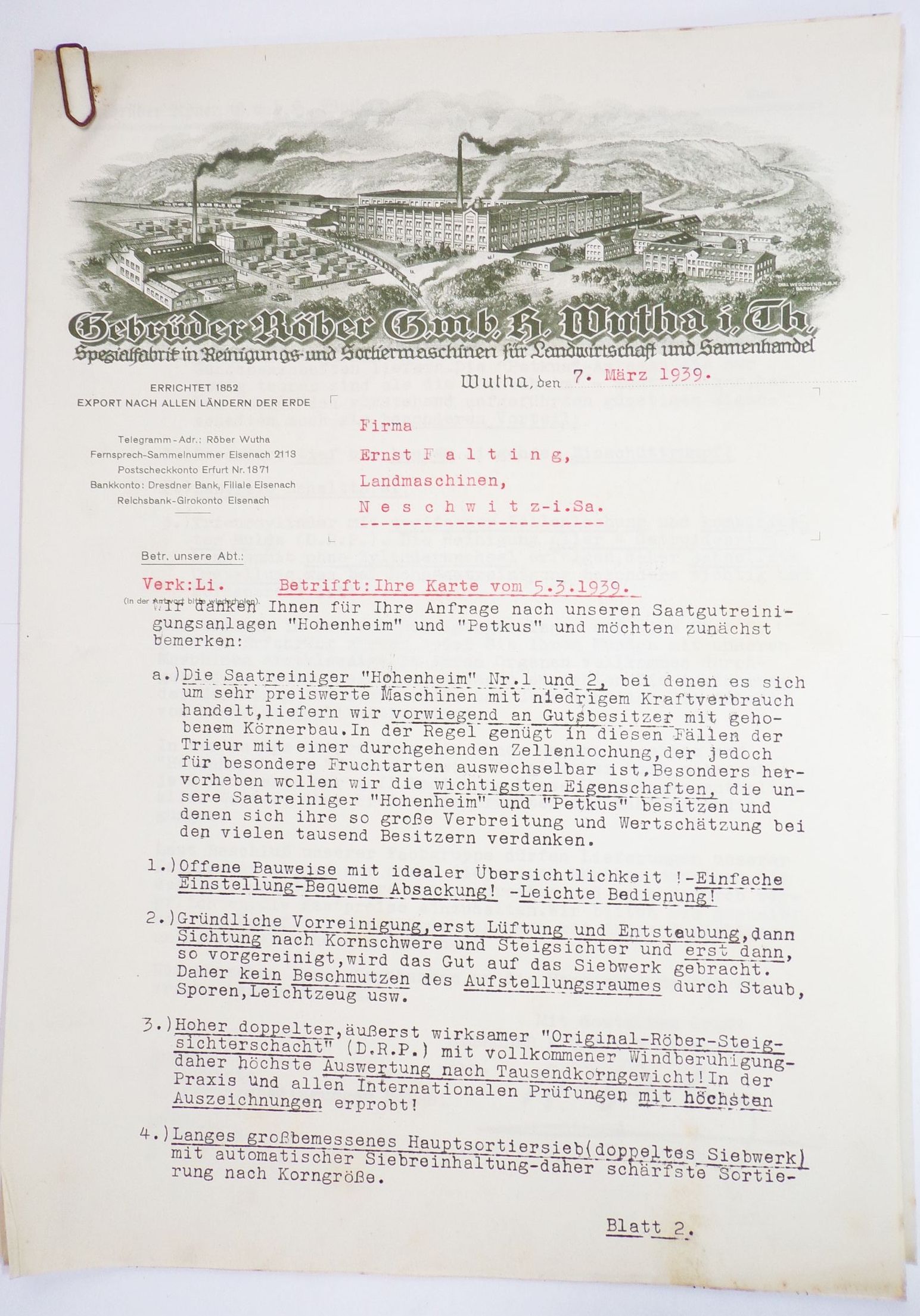 Gebrüder Röber Wutha Thüringen 1939 Litho Briefkopf Rechnung | 17760