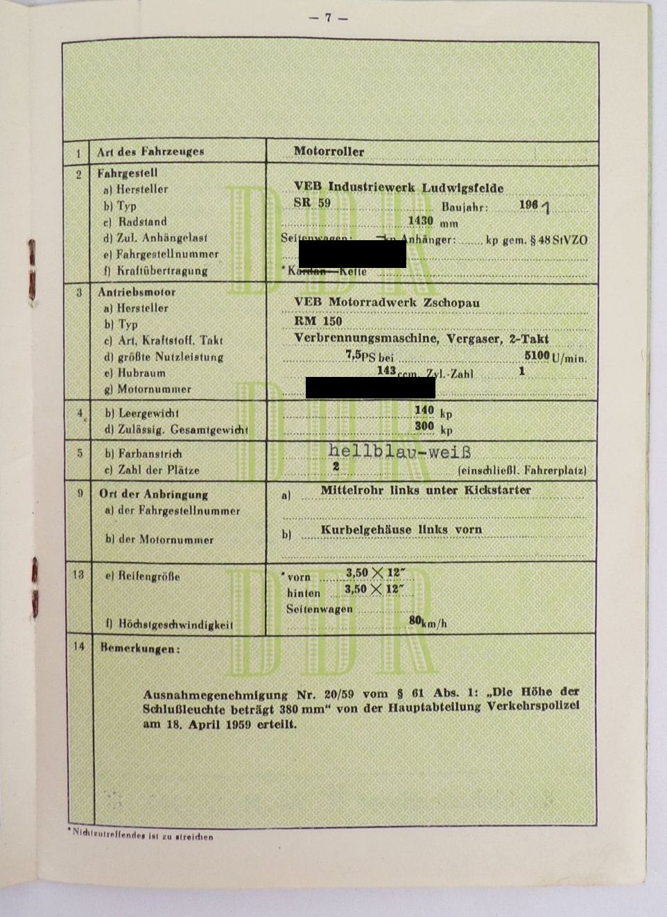Kraftfahrzeugbrief SR59 Berlin Baujahr 1961 Berliner Roller Kfz Brief ...