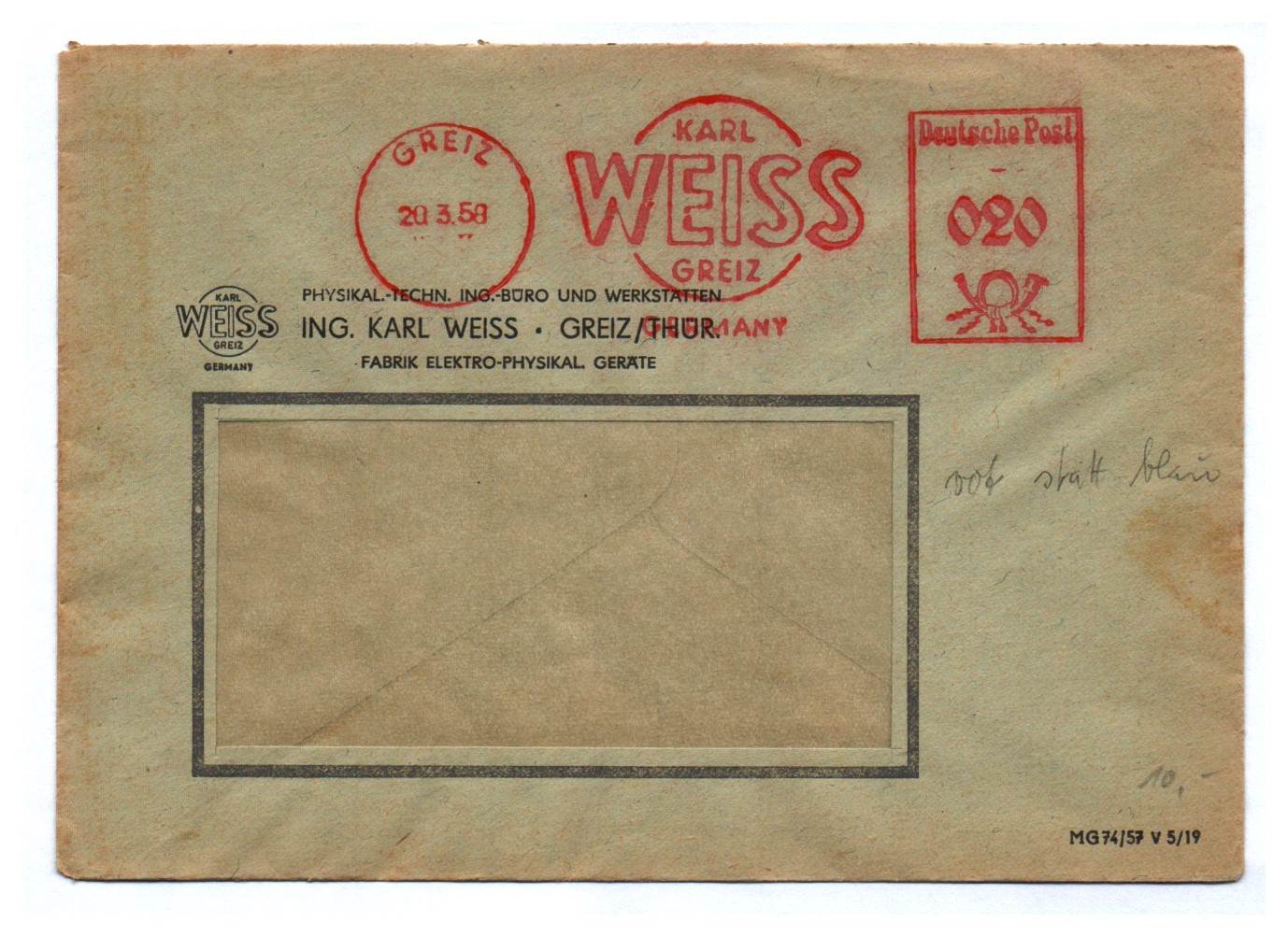 Brief 1958 Greiz DDR ING Büro und Werkstätten Karl Weiss Thüringen | 16190