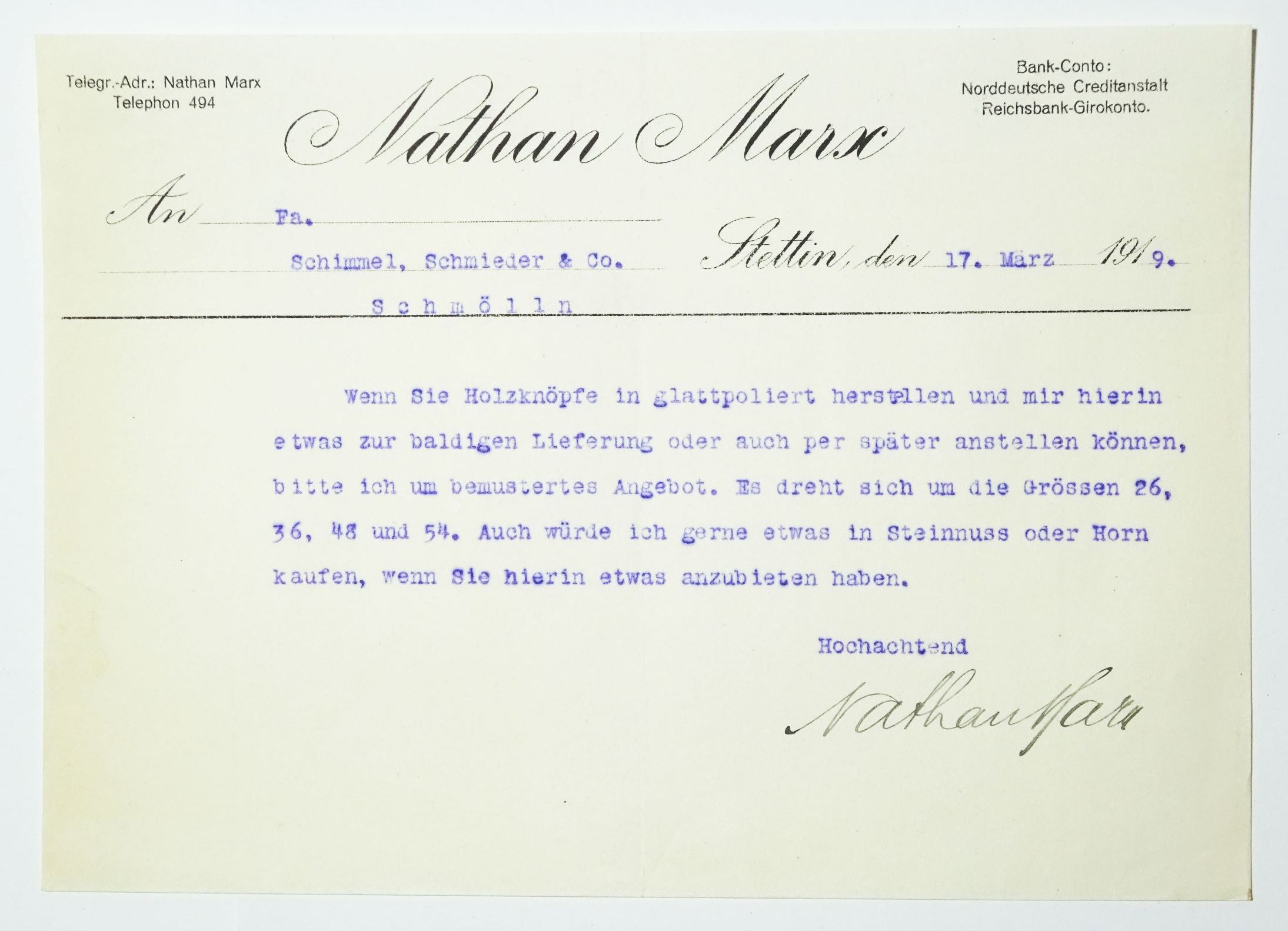 Dokument Nathan Marx Stettin 1919 | 15539