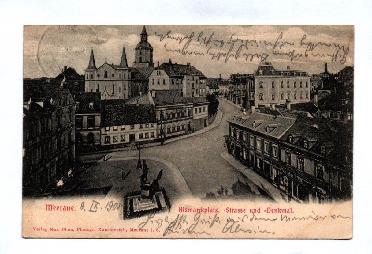 Ak Meerane Sachsen Bismarckplatz Strasse und Denkmal | 17189