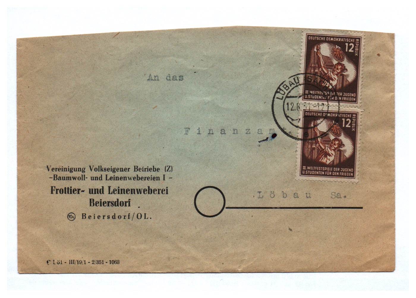 Briefkuvert VEB Frottier und Leinenweberei Beiersdorf DDR Brief | 16001