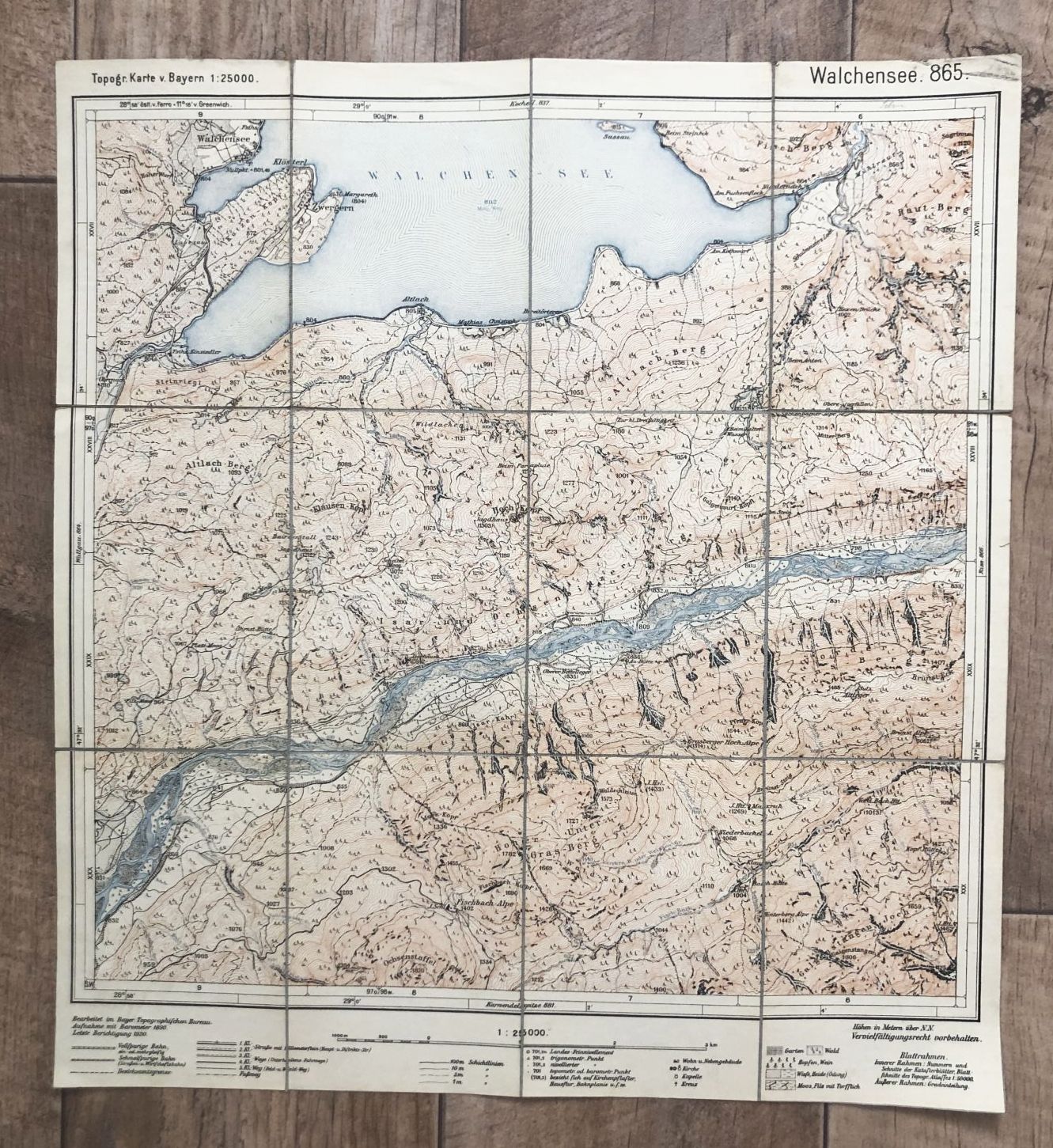 Leinenlandkarte Bayern 1890 Walchensee alte Landkarte | 17742