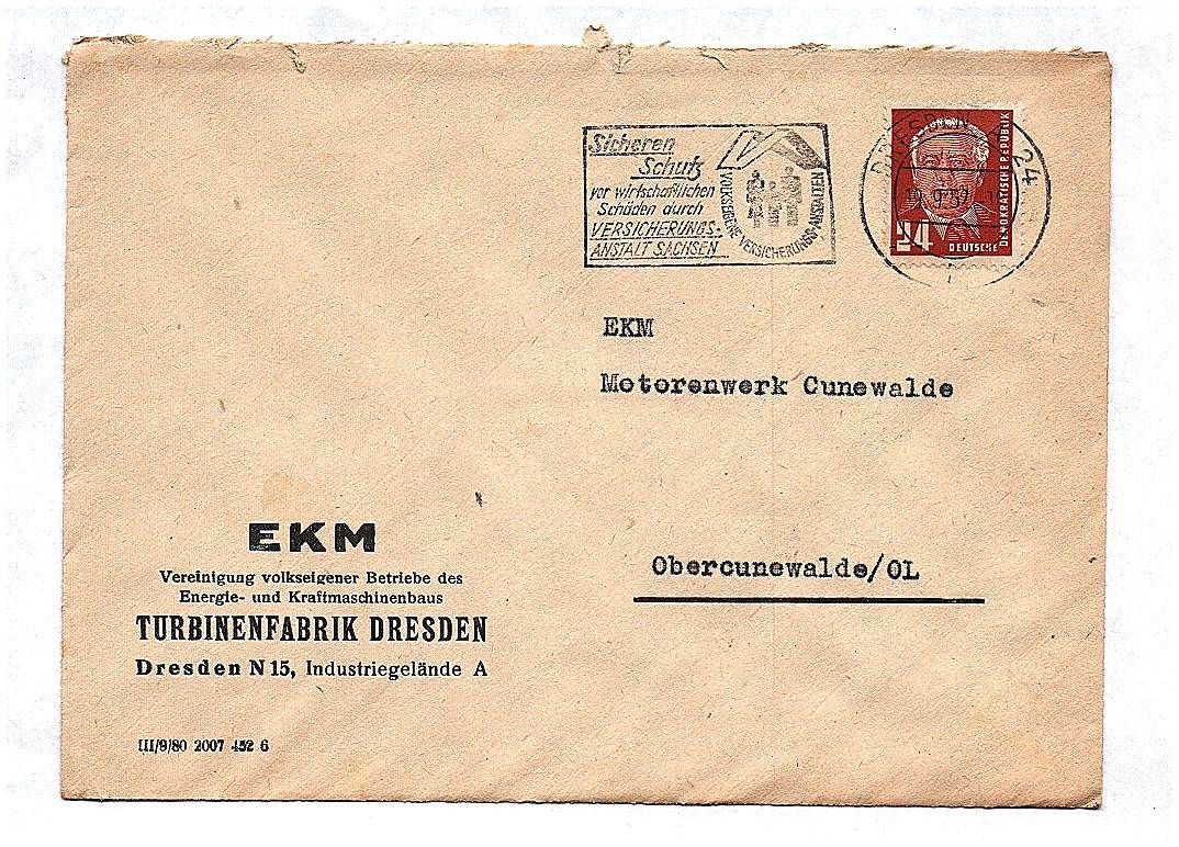 Briefkuvert ca 1959 DDR EKM Turbinenfabrik Dresden | 14499