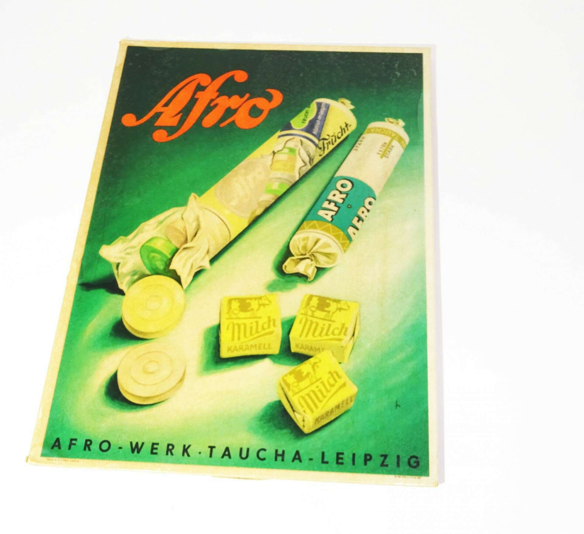 DDR Pappschild Afro Milch Karamell Bonbons Dragees Taucha Leipzig 1958 ...